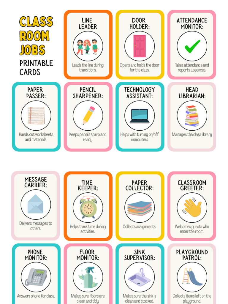 Classroom Jobs Printable Flashcards Bright Colored Illustrated Style | PDF