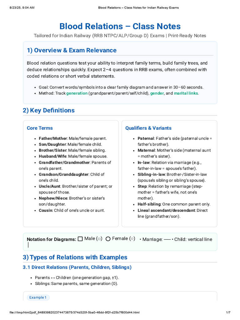 Blood Relations RRB Exam Notes Final | PDF | Family | Parent