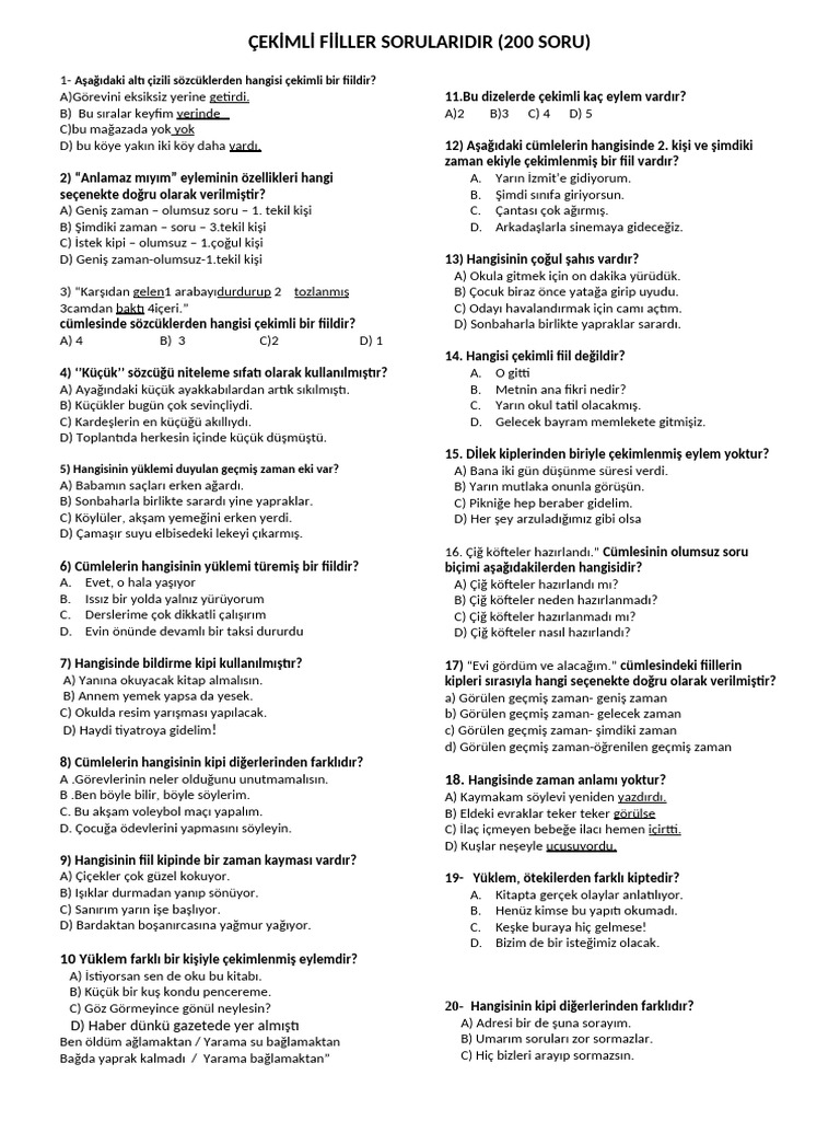 Çekimli Fiiller Test | PDF