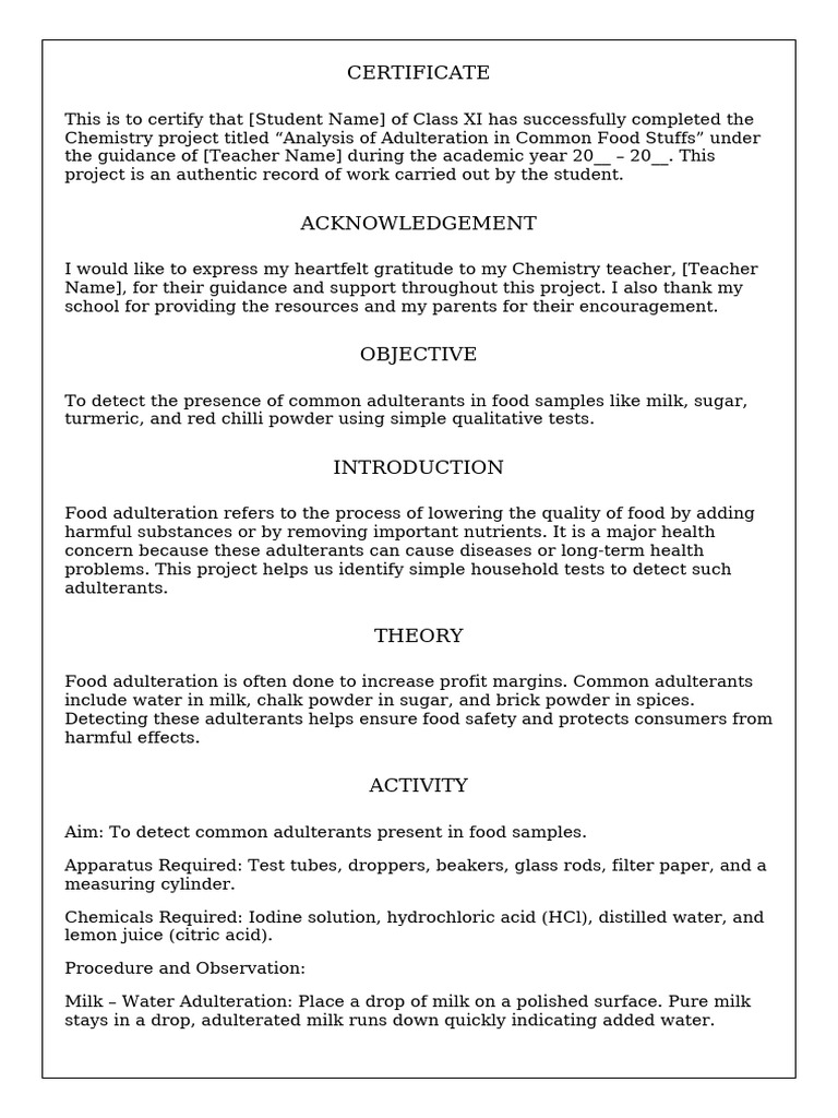 Chemistry Project Food Adulteration | PDF | Chemistry | Hydrochloric Acid
