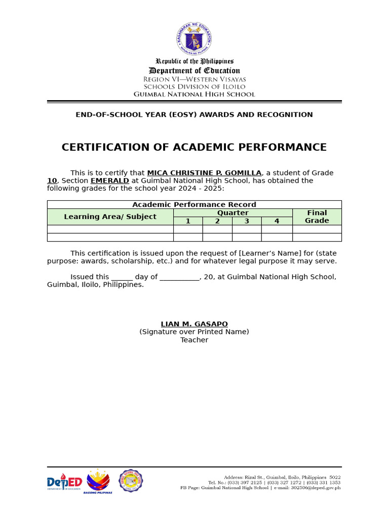 AC Certification of Grades | PDF