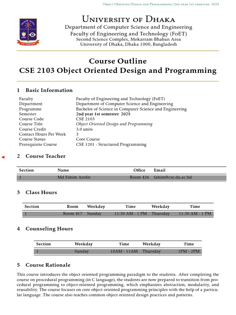 CSE 2103 Course Outline | PDF | Object Oriented Programming | Class ...