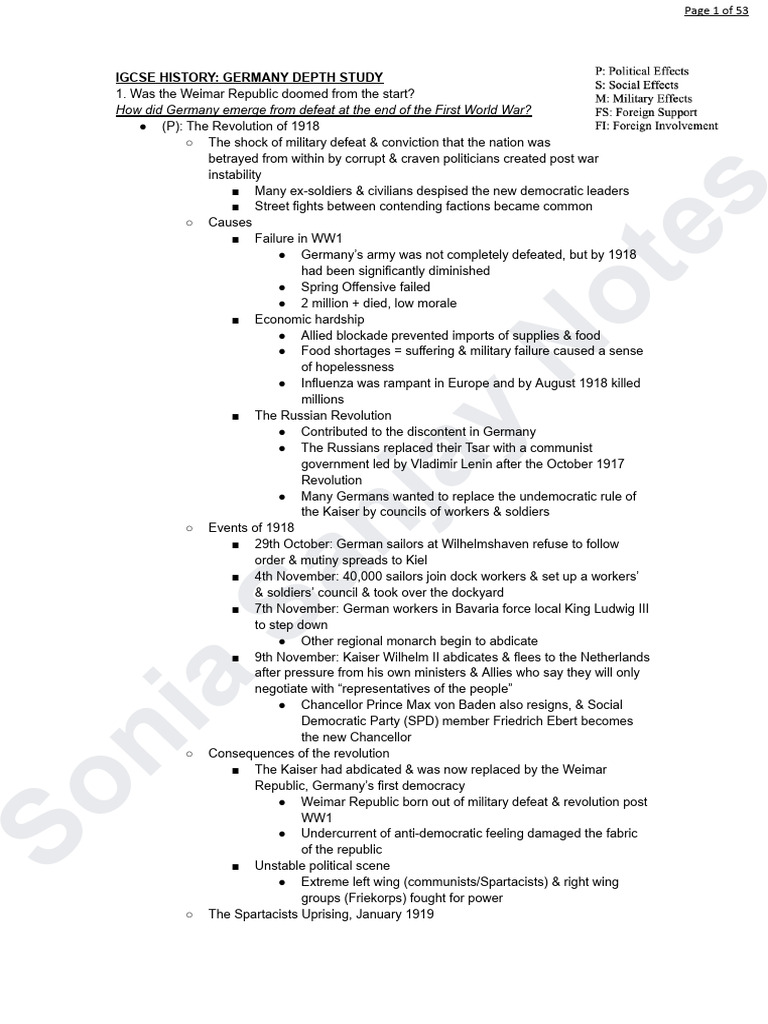 Germany History Depth Study B Cambridge IGCSE Exam Notes P | PDF | Nazi ...