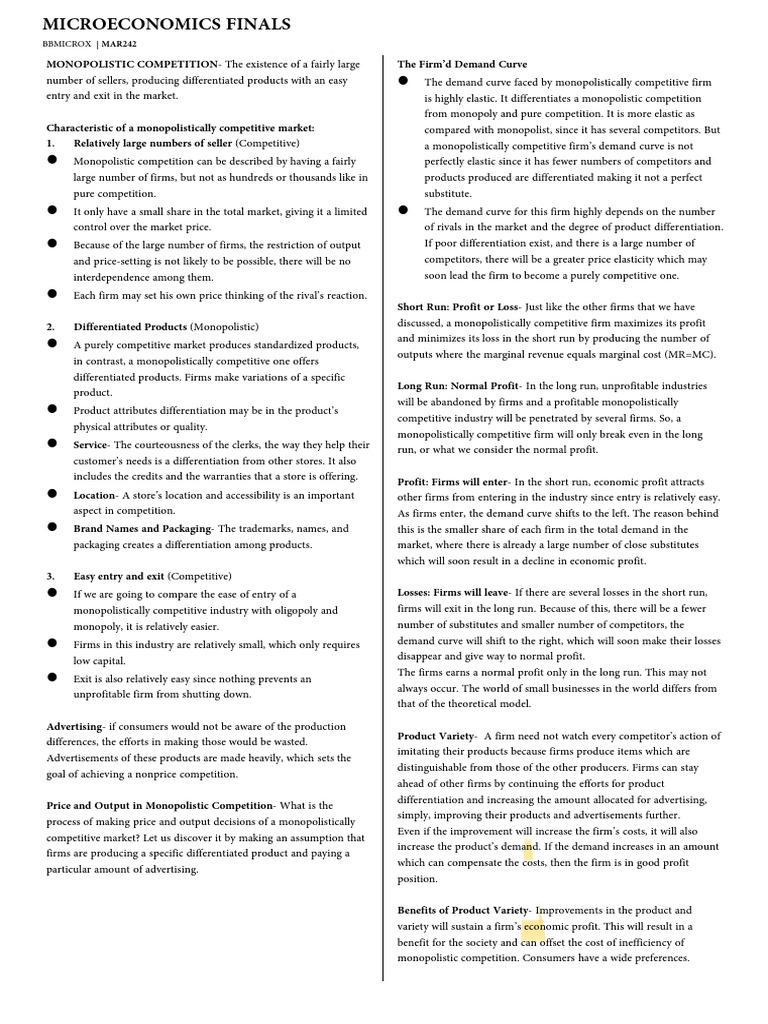 Monopolistic Competition Overview | PDF | Profit (Economics) | Monopoly