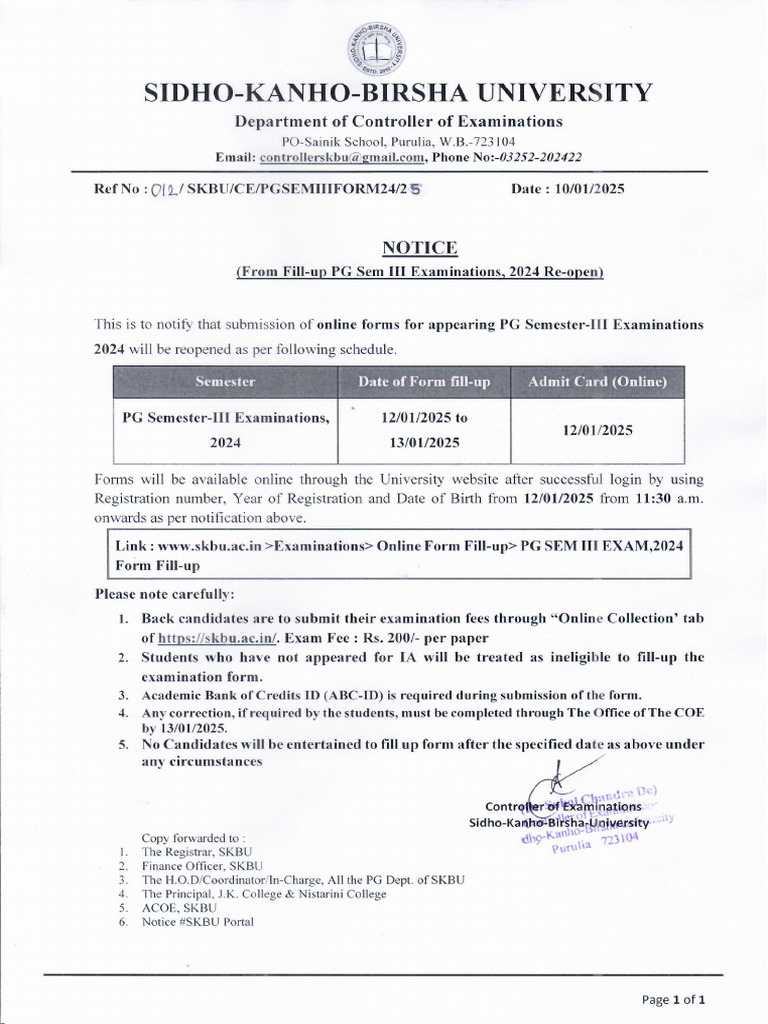 Notice PG Sem III 2024 Form Fill-Up Reopen | PDF