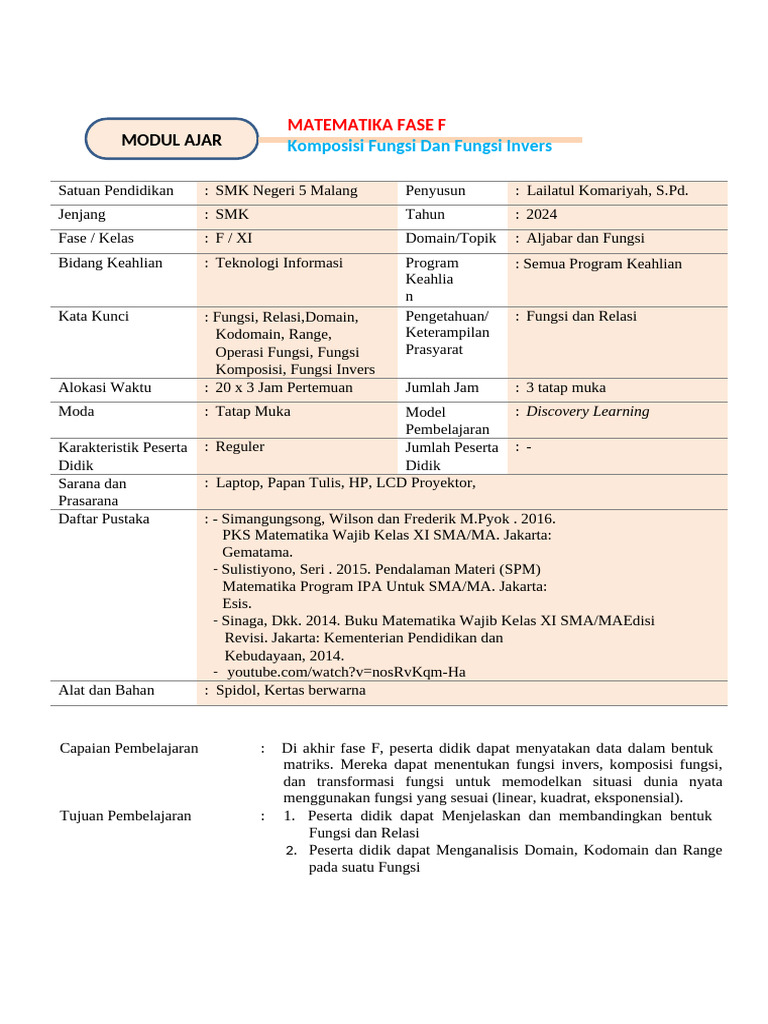 Modul Ajar Fungsi Komposisi Laila | PDF