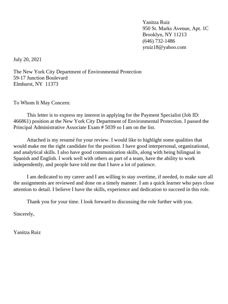 Yanitza Ruiz Cover Letter - Prin Admin Assoc Job ID 445946 | PDF