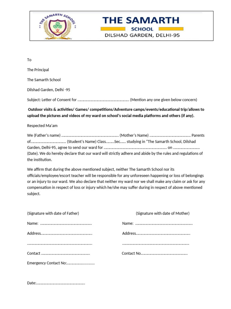 Consent Letter for School Activities | PDF