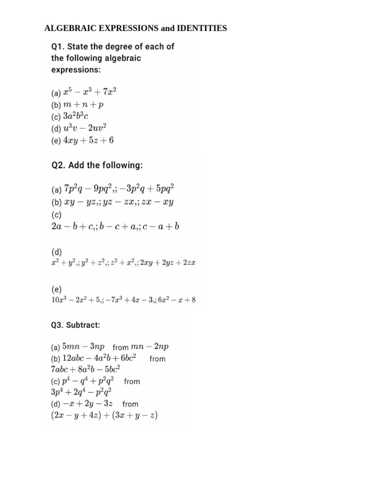 Algebraic Expressions and Identities | PDF