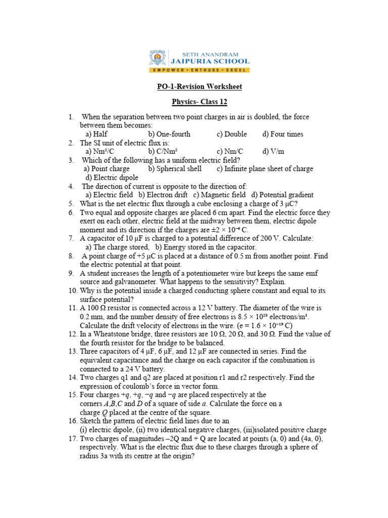 Class12 Physics Worksheet Electrostatics Current | PDF | Voltage | Electric Field