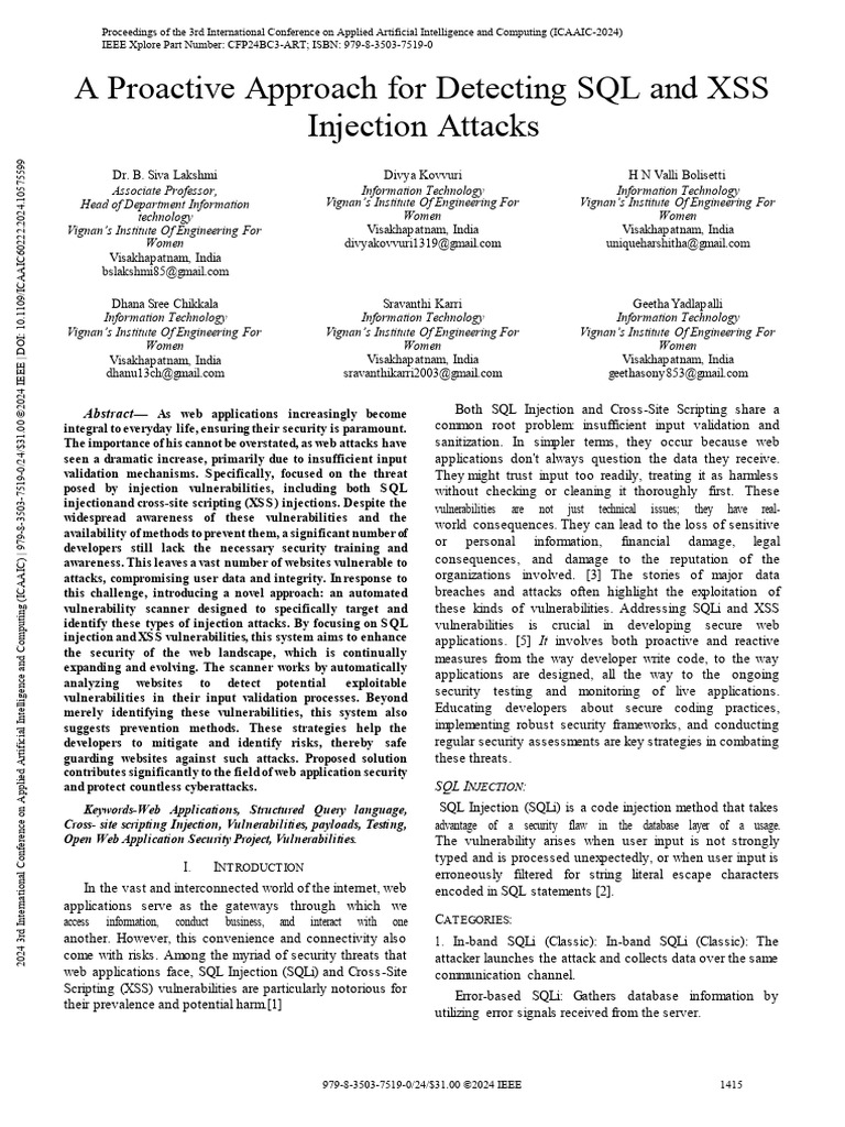A Proactive Approach For Detecting SQL and XSS Injection Attacks | PDF | Security | Computer ...