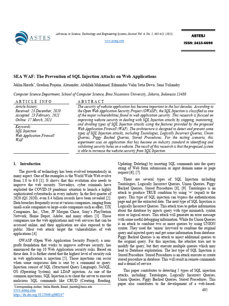 Sea Waf The Prevention of SQL Injection Attacks On Web 3ttm76whmw | PDF | Computing | Software ...