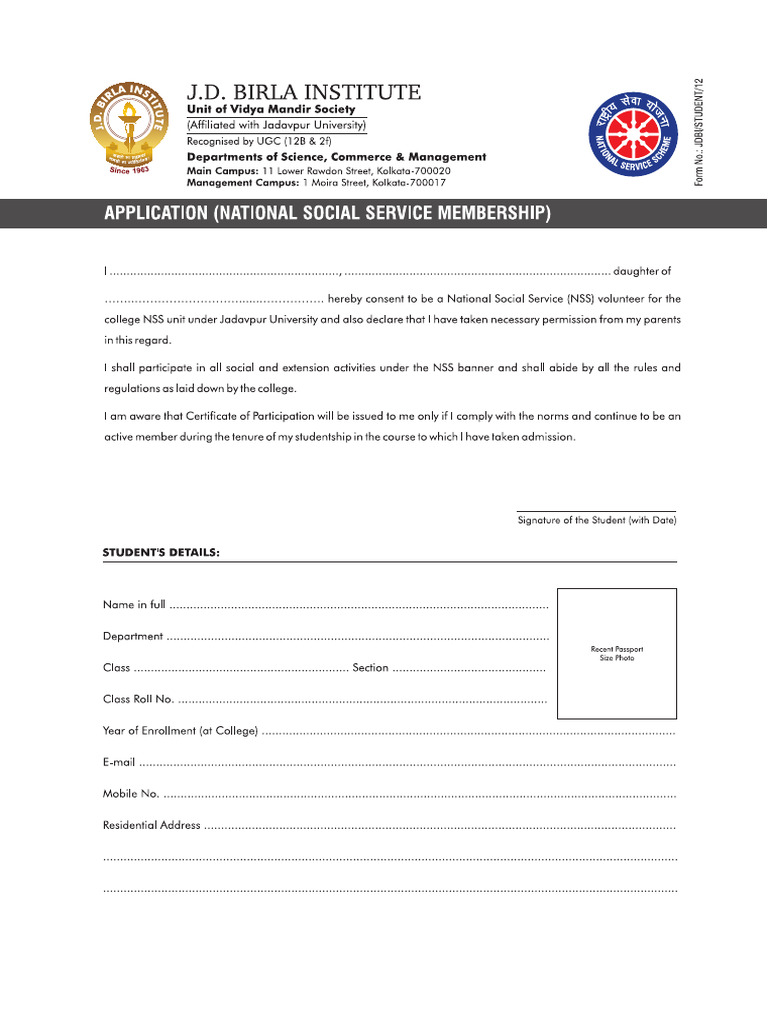 JDBI-STUDENT-12. Application (NSS Membership) | PDF