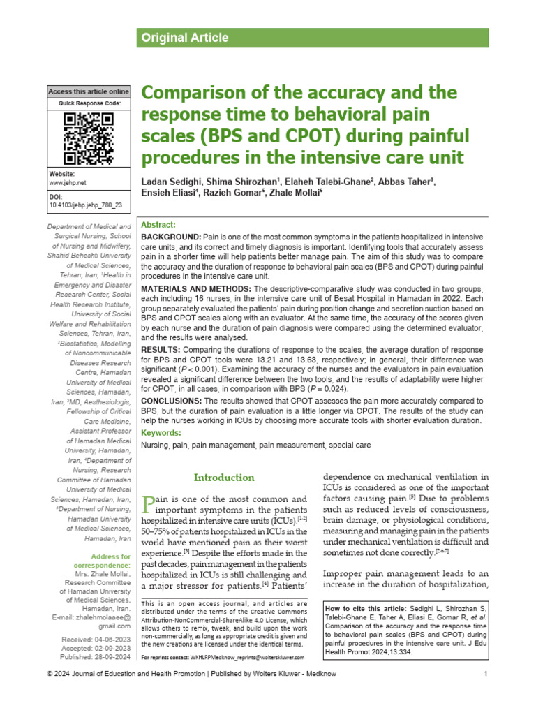 CPOT vs BPS: Pain Scale Accuracy in ICU | PDF | Pain | Intensive Care Unit