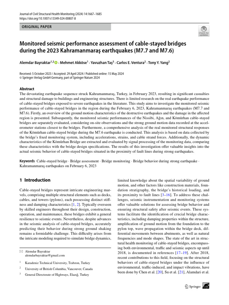 Monitored Seismic Performance Assessment of Cable Stayed Bridges During ...