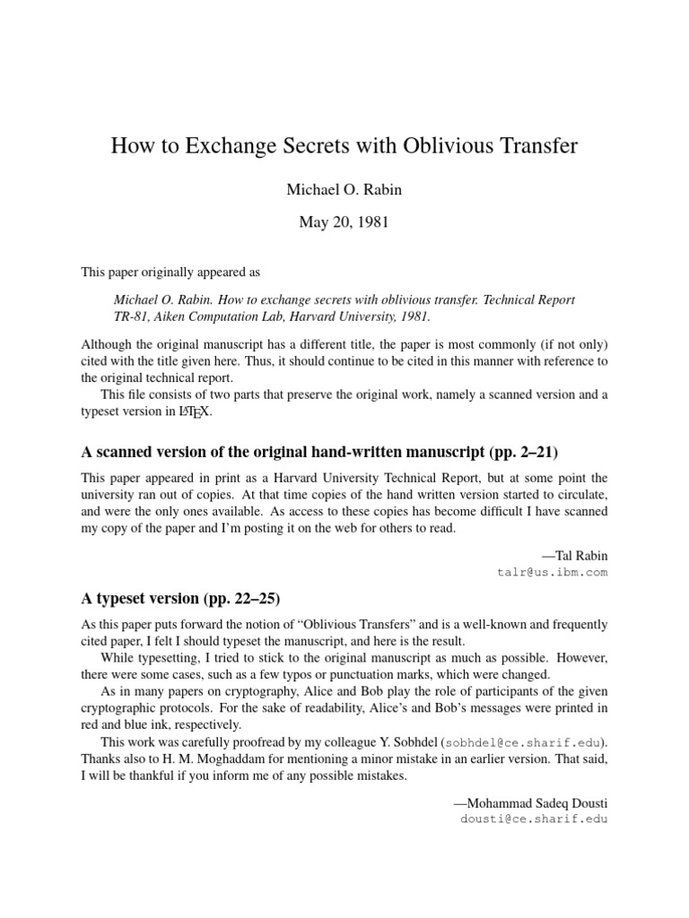 [1981] How to exchange secrets by oblivious transfer Rabin | PDF | Public Key Cryptography ...