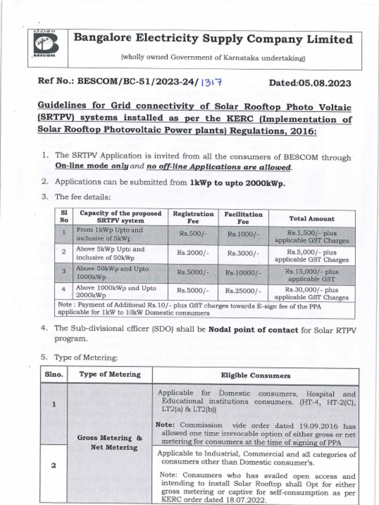 BESCOM - Guidelines (Aug 23) | PDF