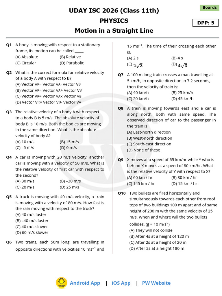 Motion in A Straight Line - DPP 05 (Of Lecture 09) - UDAY ISC 2026 (Class 11th) | PDF ...