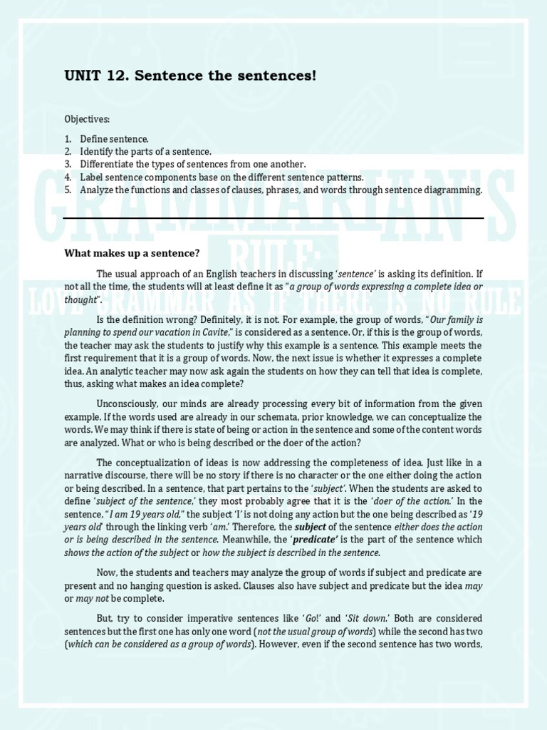 Unit 12 - Sentence The Sentences! | PDF | Subject (Grammar) | Sentence ...