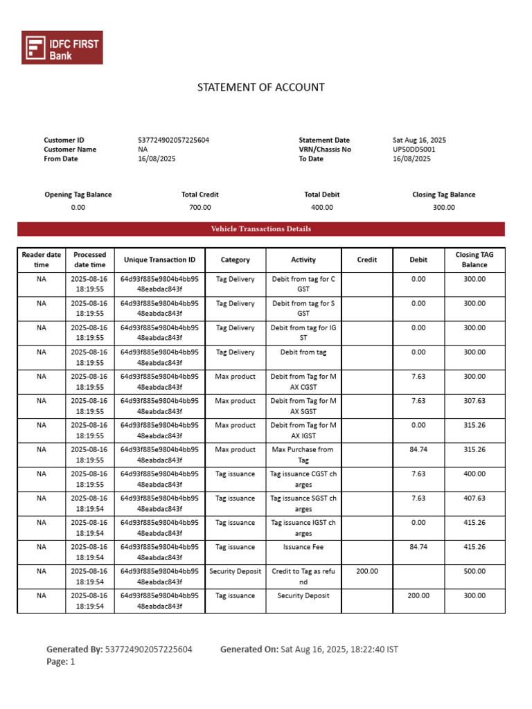 Vehicle Statement160825182240 | PDF | Debits And Credits | Payments