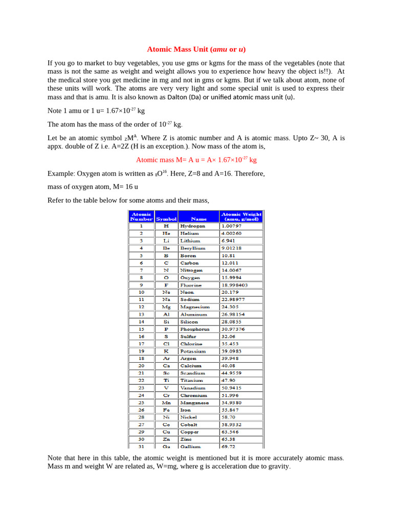 Amu - and Mole Concept R K Classes Class 9 | PDF