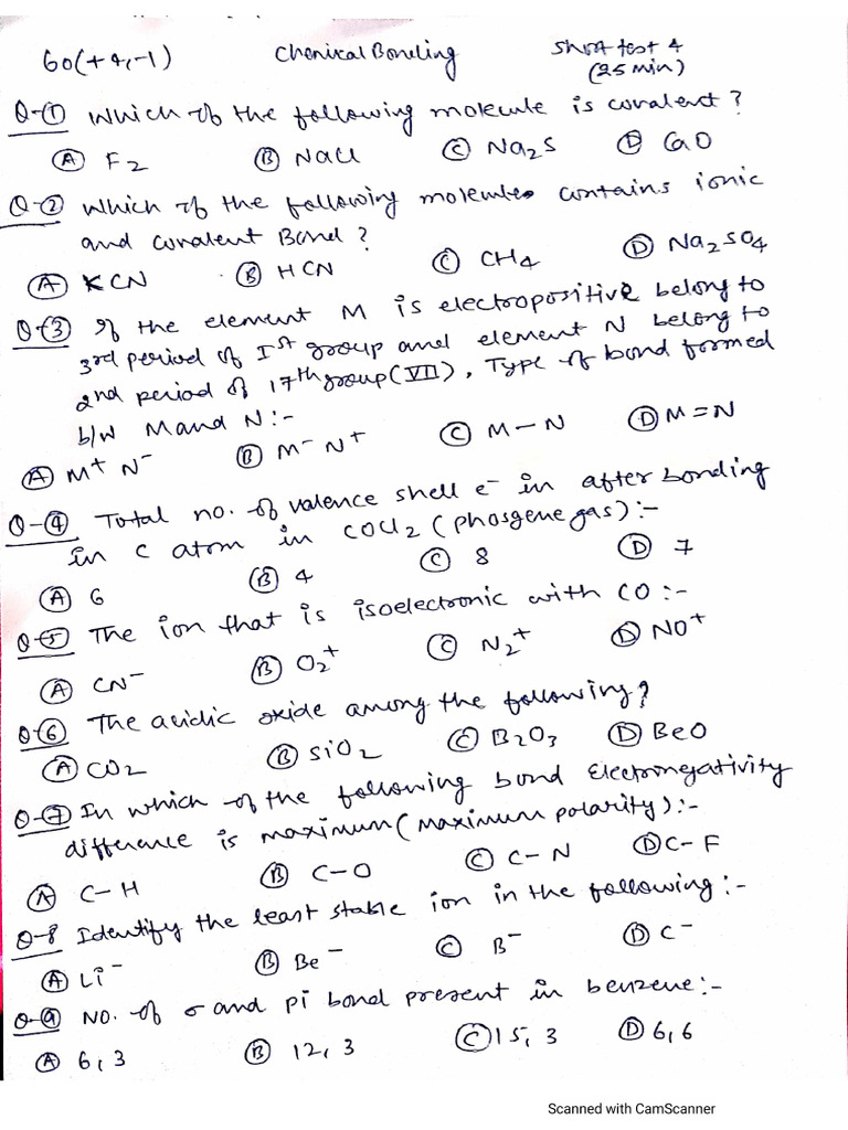 Chemical Bonding Short Test 4 (25min) | PDF