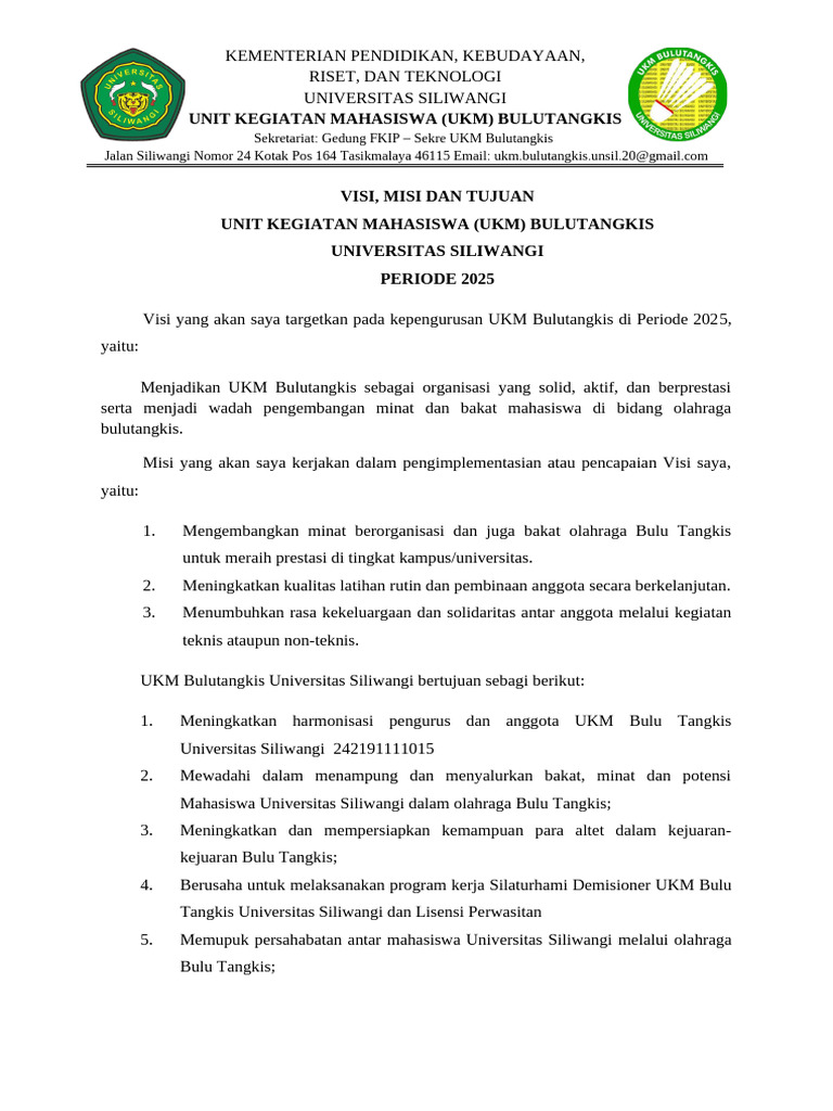 Visi dan Misi UKM Bulutangkis Unsil | PDF