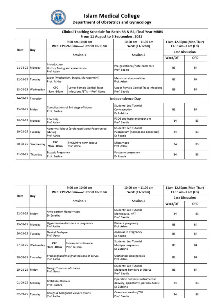 Clinical Teaching Schedule Batch B3&B4 Final Year 2025 IMC | PDF ...