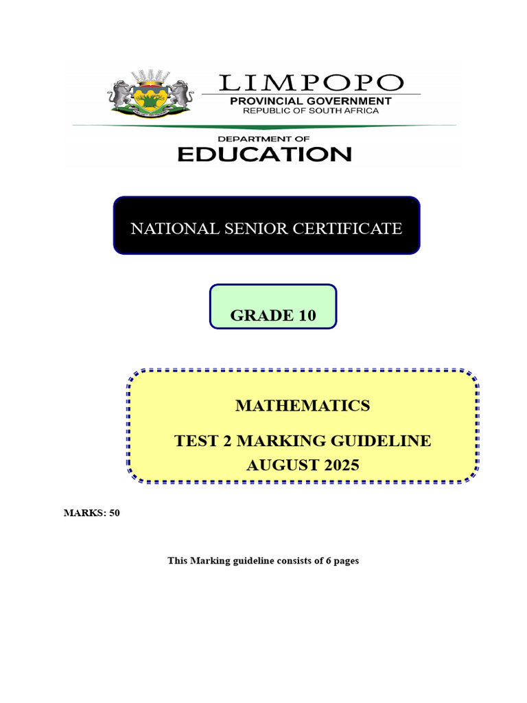 Maths Grade 10 Test 2 Term 3 Memo August 2025 | PDF | Mathematical ...