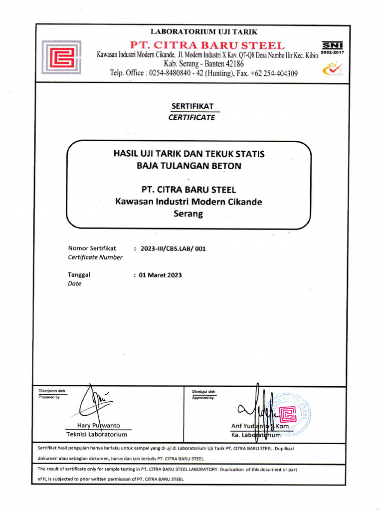 Hasil Uji Besi Cbs - Maret 2023 | PDF