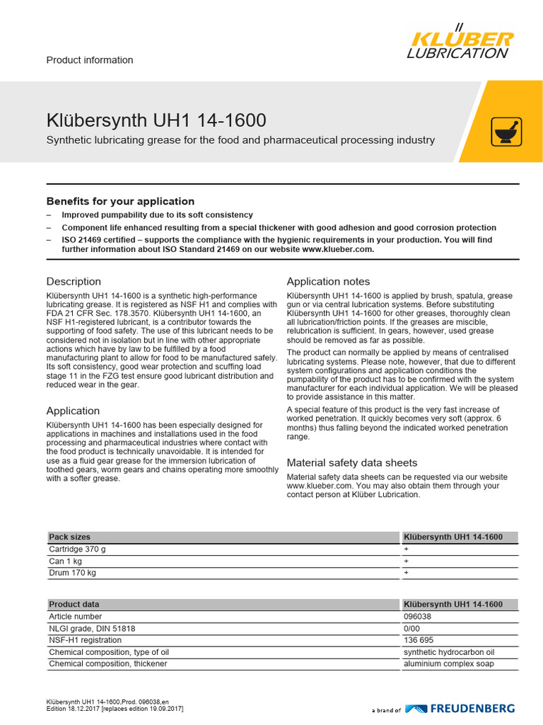 Klübersynth UH1 14-1600 Product Overview | PDF | Lubricant | Mechanical ...
