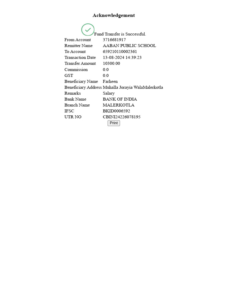 Successful Fund Transfer Acknowledgement | PDF