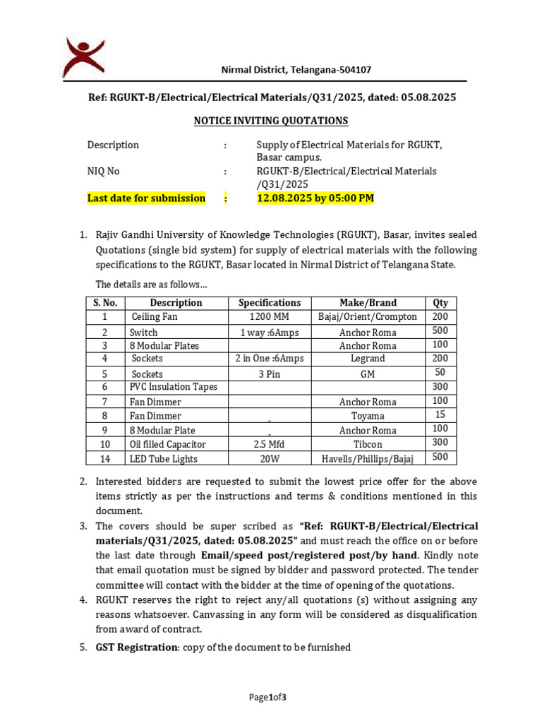 Q31 - Notice Inviting Quotation For Supply of Electrical Materials For ...