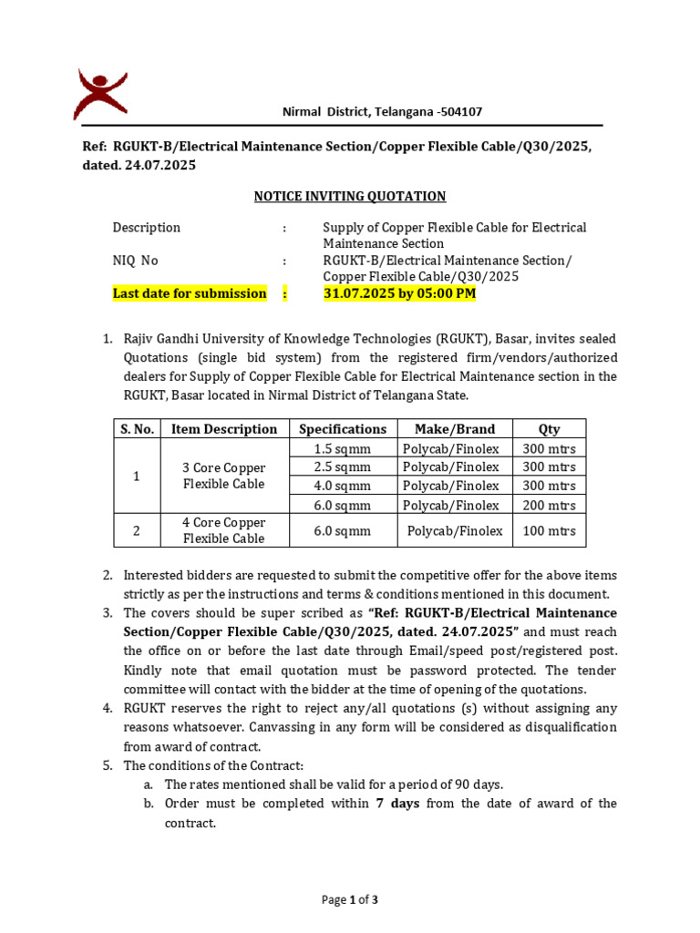Q30 - Notice Inviting Quotation For Supply of Copper Flexible Cables ...