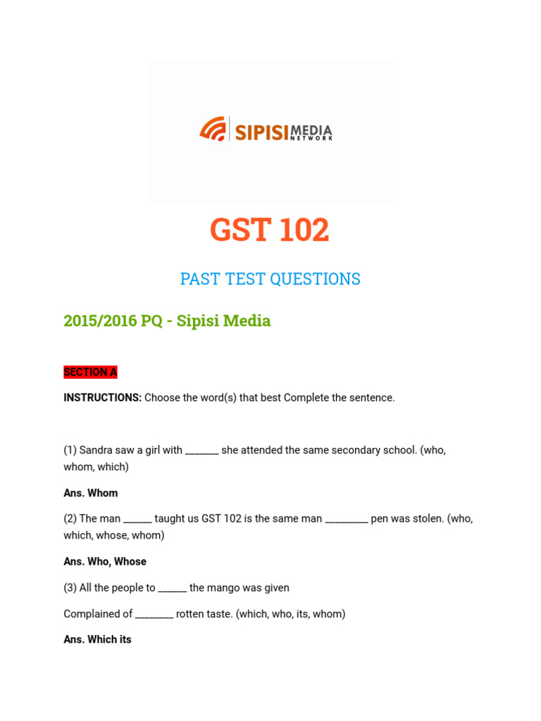 GST 102 Past Test Questions | PDF | Noun | Adverb