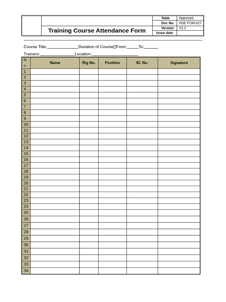 HSE FOM 027 Training Course Attendance Form | PDF