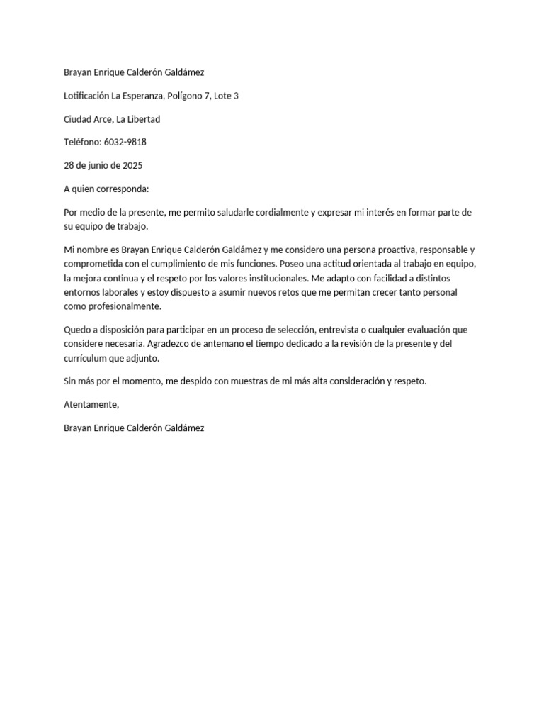 Carta de Presentación Brayan | PDF