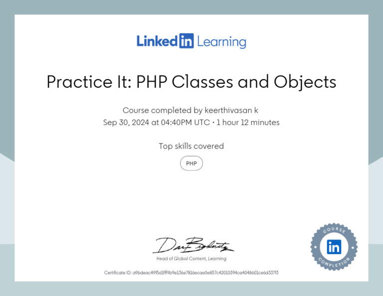 CertificateOfCompletion - Practice It PHP Classes and Objects | PDF