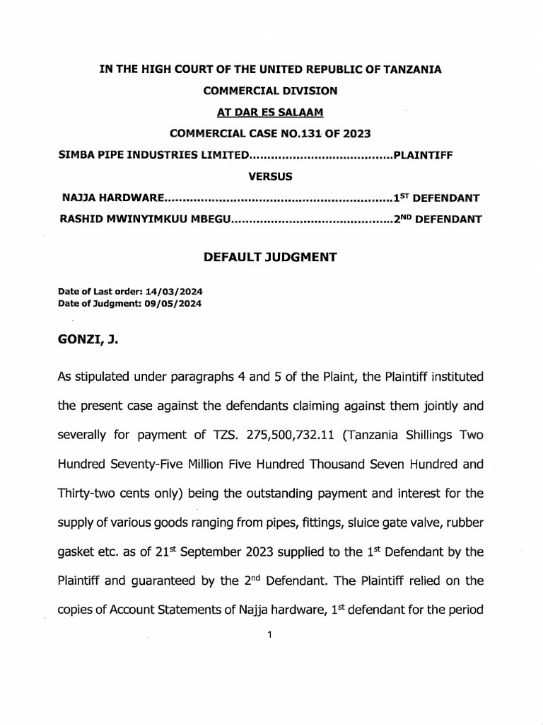 Simba Pipe Industries LTD Vs Najja Hardware Another (Commercial Case No ...