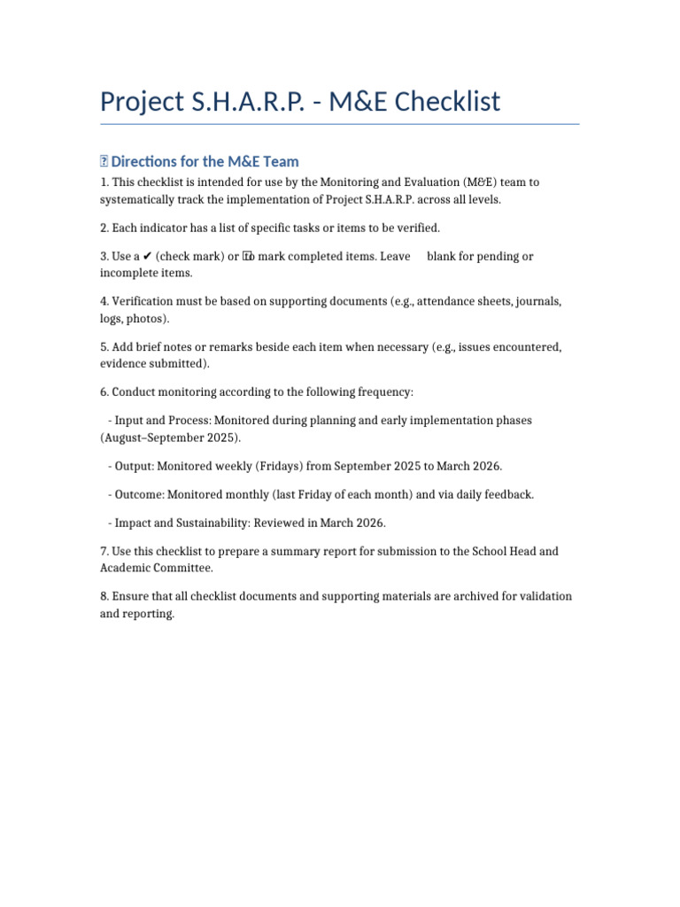 Project SHARP Simplified M&E Checklist With Directions | PDF | Verification And Validation