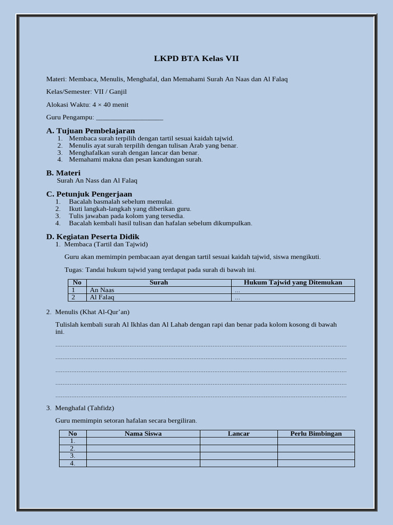 LKPD Bta Kelas Vii. Sem. 1 | PDF