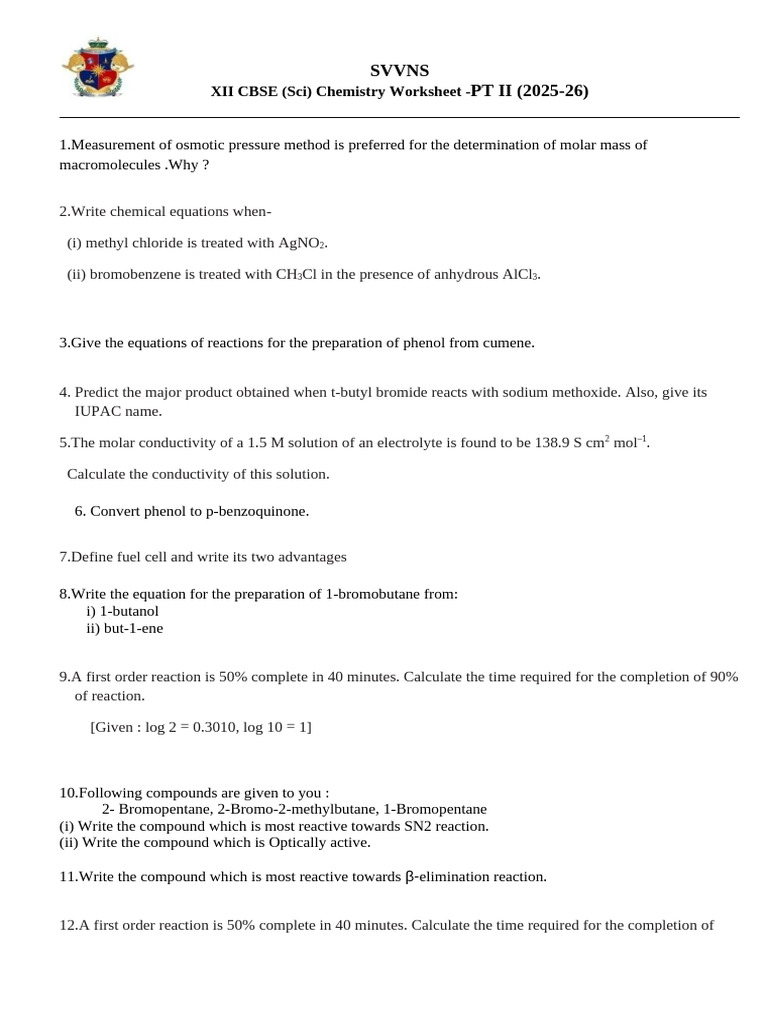 12 CBSE Chemistry Worksheet for PT2 | PDF | Chemical Reactions ...