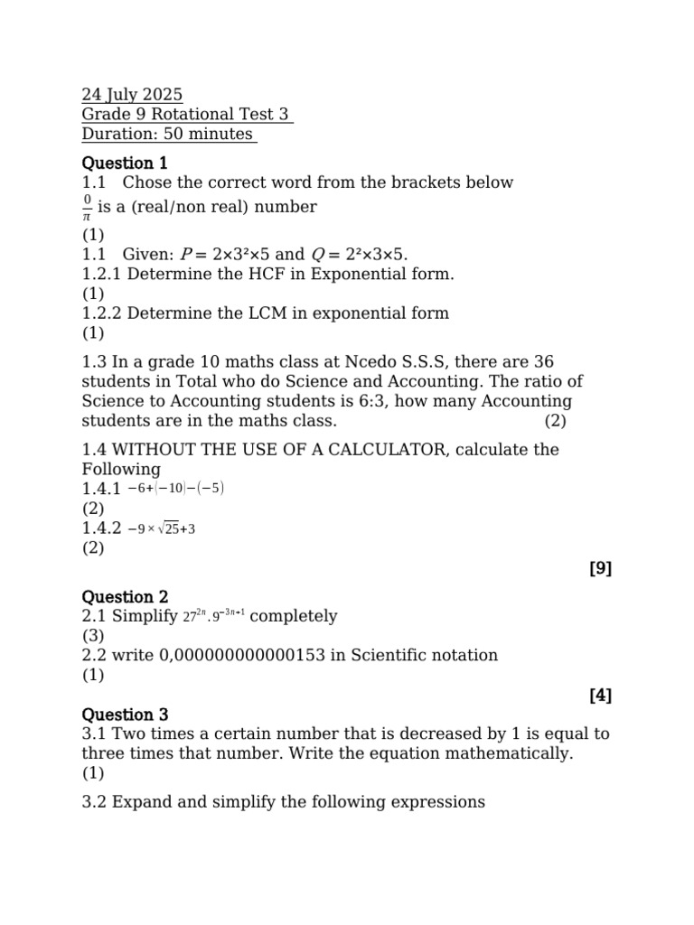 Grade 9 Rotational Test 3 | PDF
