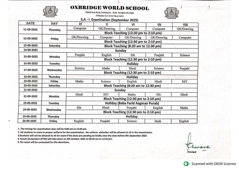 Datesheet SA1 Exams. - 2 | PDF