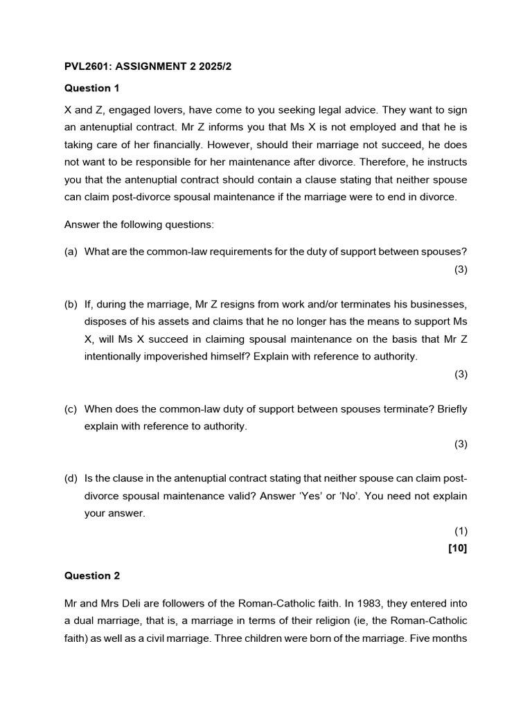 PVL2601 Assignment 2: Legal Advice 2025 | PDF | Divorce | Marriage