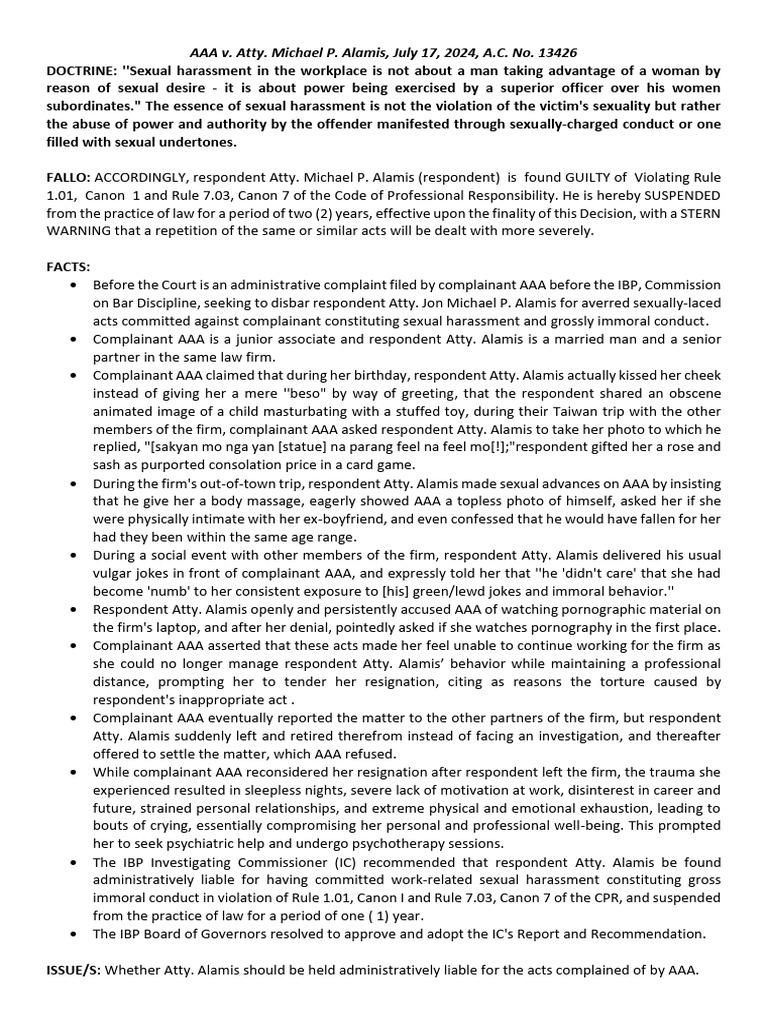 AAA v. Atty. Michael P. Alamis, July 17, 2024, A.C. No. 13426 | PDF ...