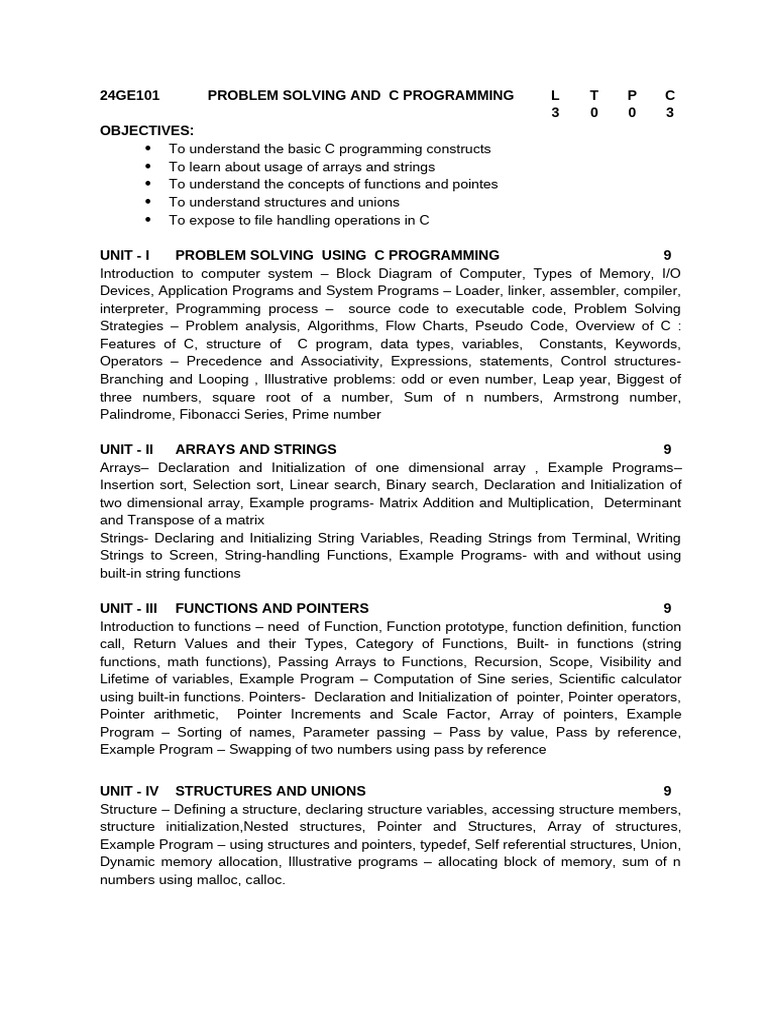 24GE101 C Theory Syllabus | PDF | Pointer (Computer Programming) | String (Computer Science)