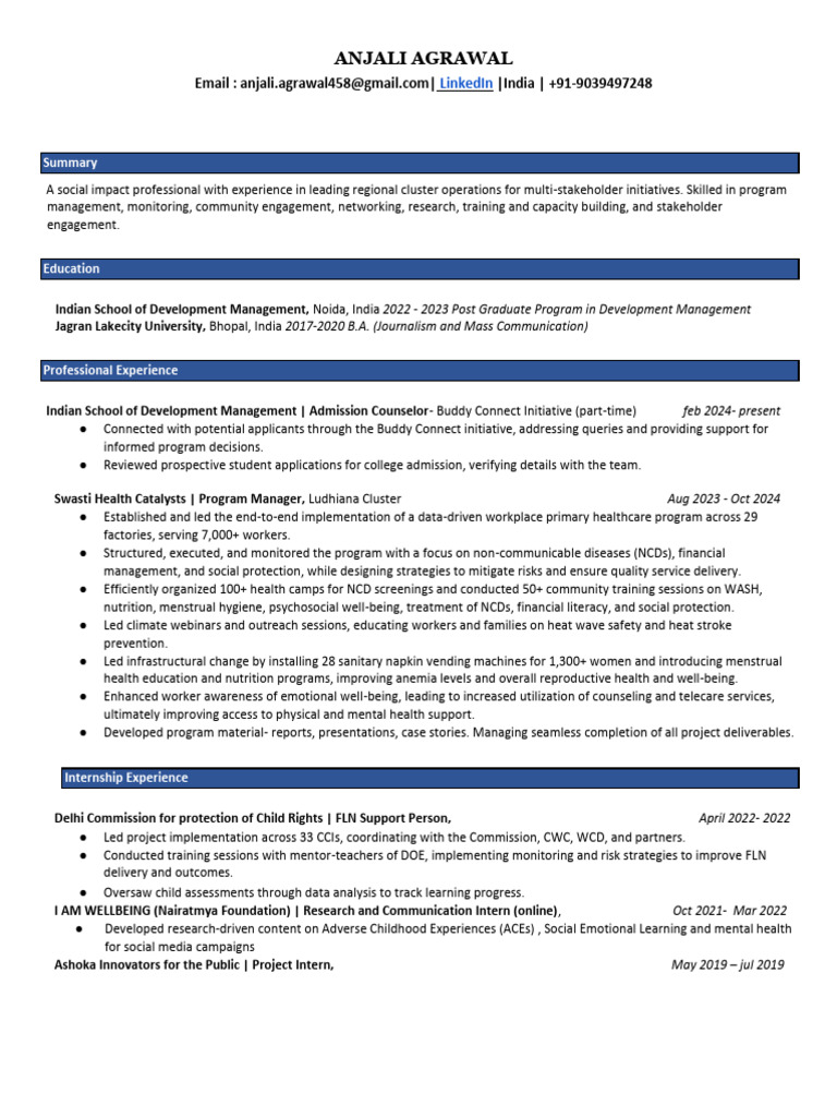 Curriculum Vitae Anjali Agrawal | PDF