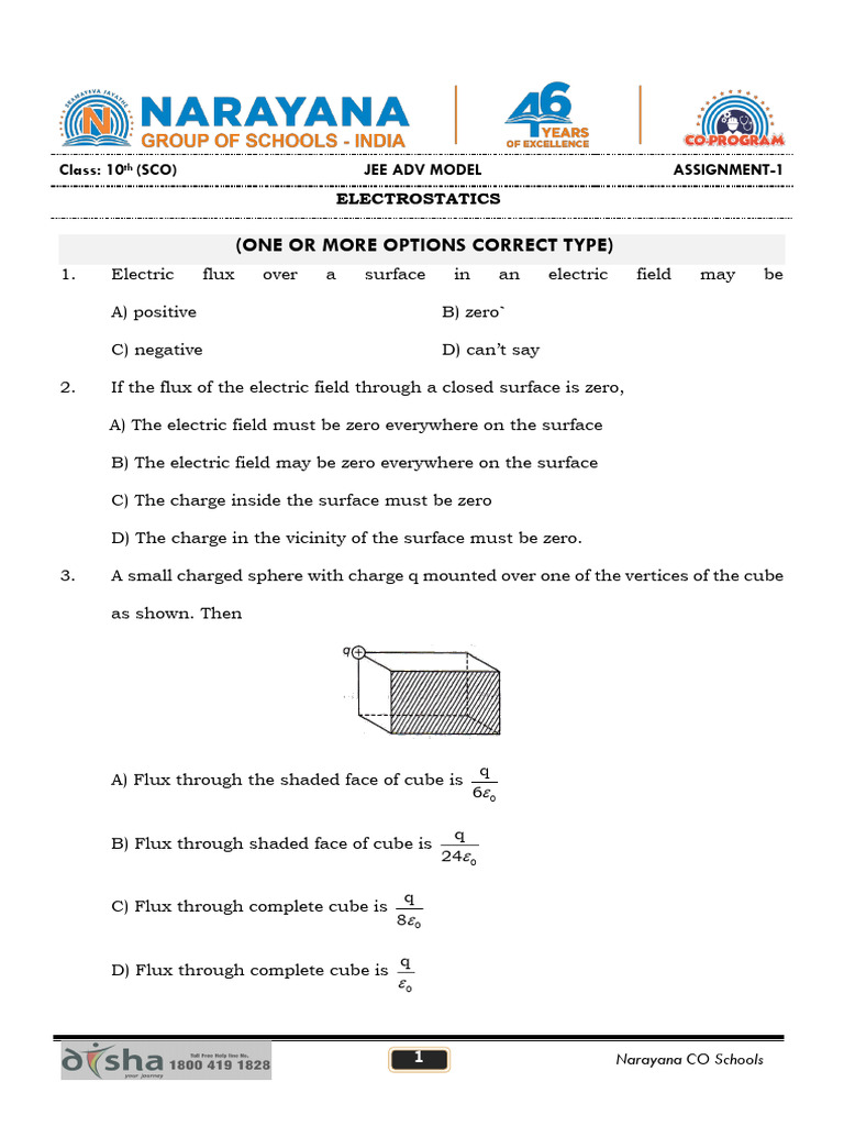 10 Co-Iit Physics Electrostatics-Advance-Assignment 20250823 060718 | PDF | Electric Field | Flux